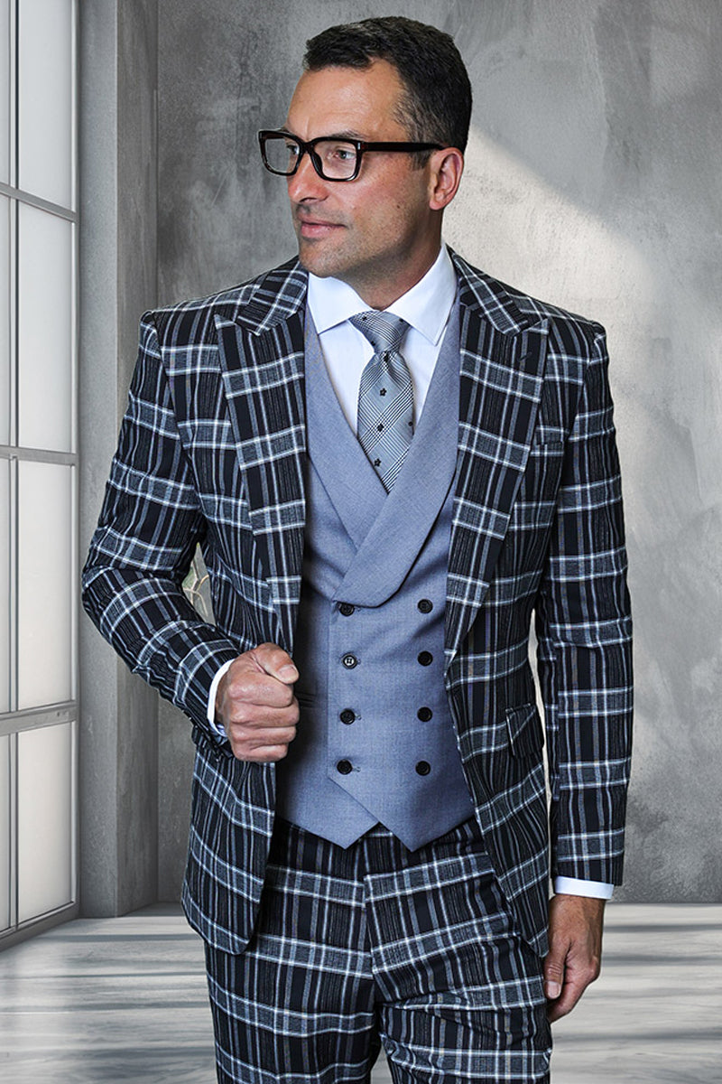 Men's Designer One Button Peak Lapel Italian Wool Suit with Double Bre