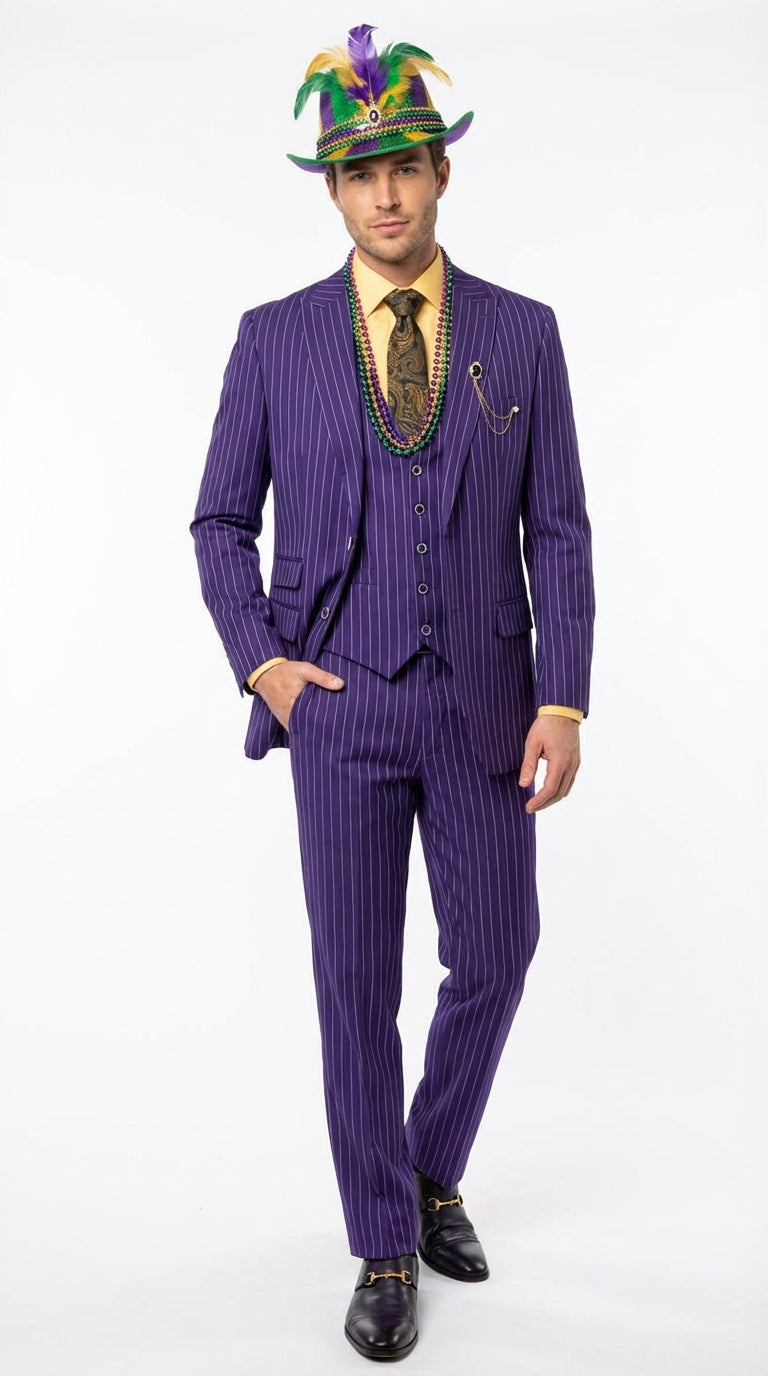 Men’s Purple Pinstripe Mardi Gras Suit | Three Piece Carnival Formal S