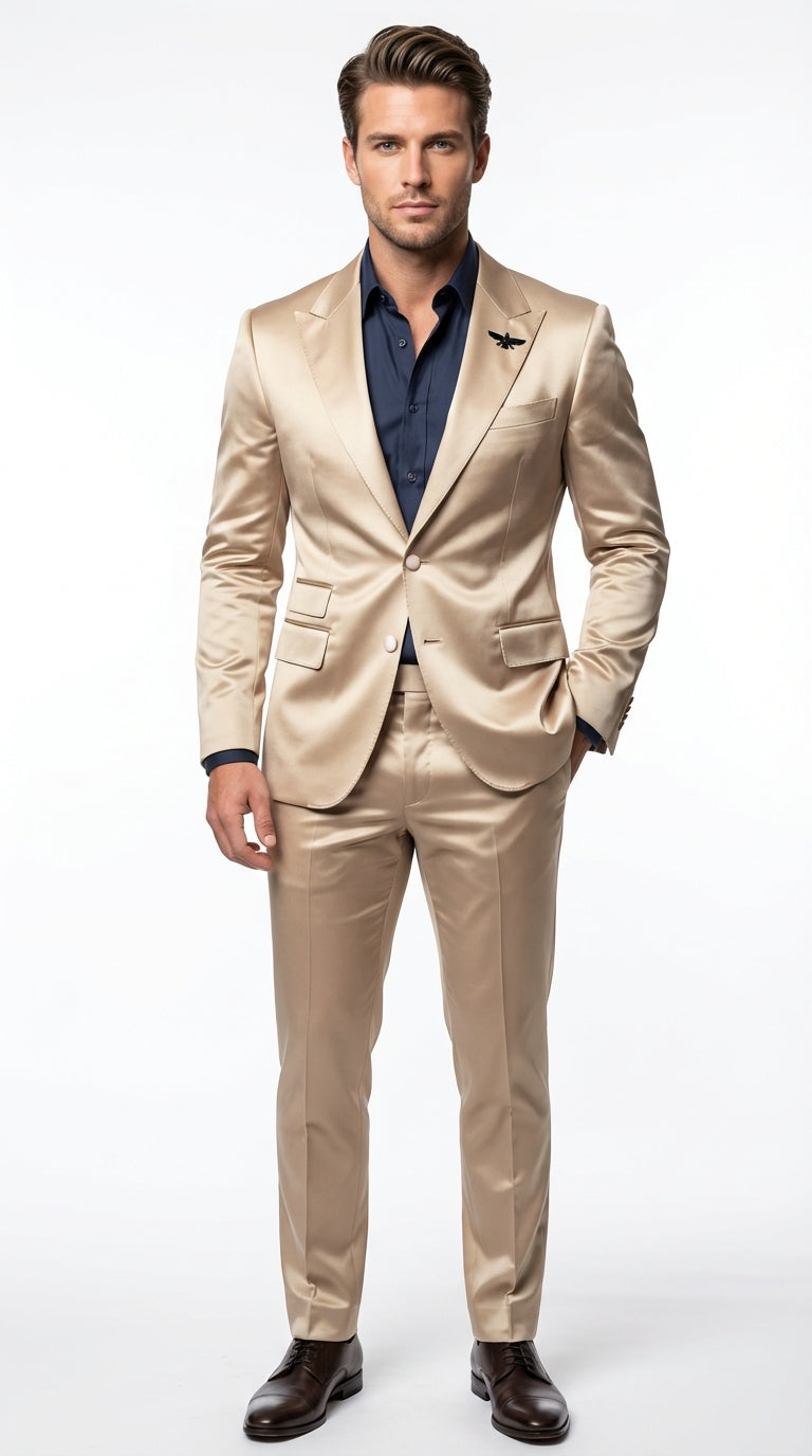 Mens Shiny Champagne Gold Two Piece Suit – Luxury Formal Satin Finish