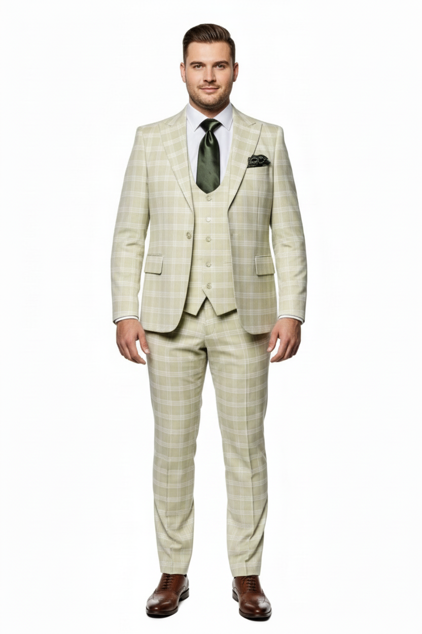 Men’s Light Beige Check 3-Piece Suit Set – Premium Tailored Fit Formal