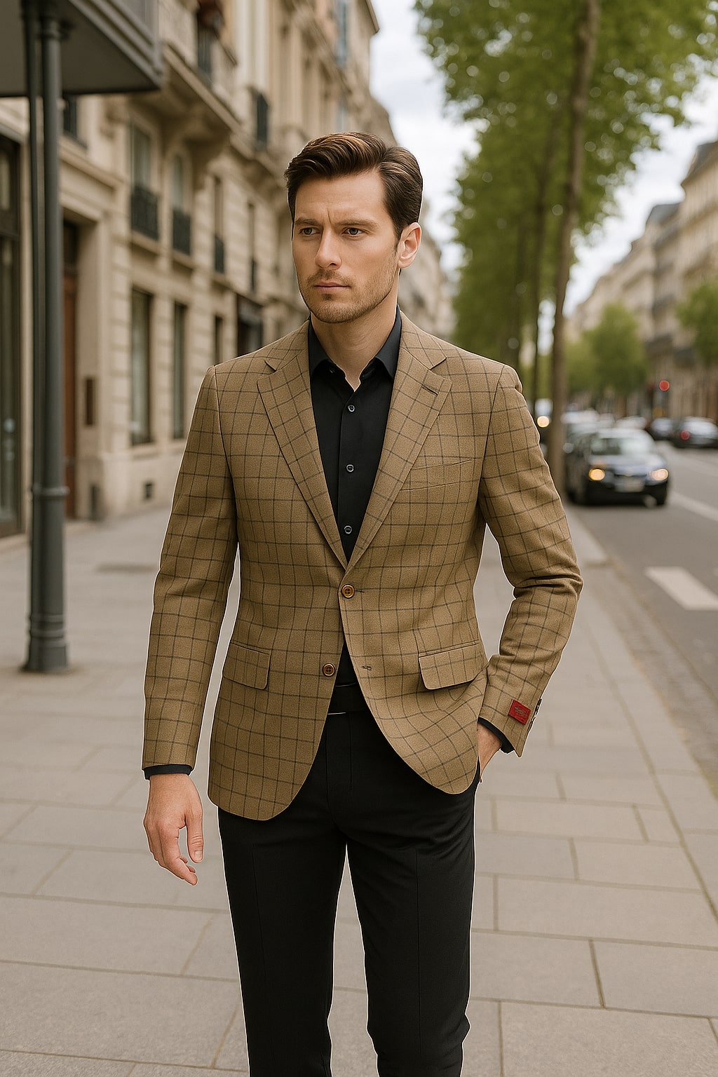 Men's Tan Plaid Blazer – Windowpane Checkered Taupe Colar with Conserv