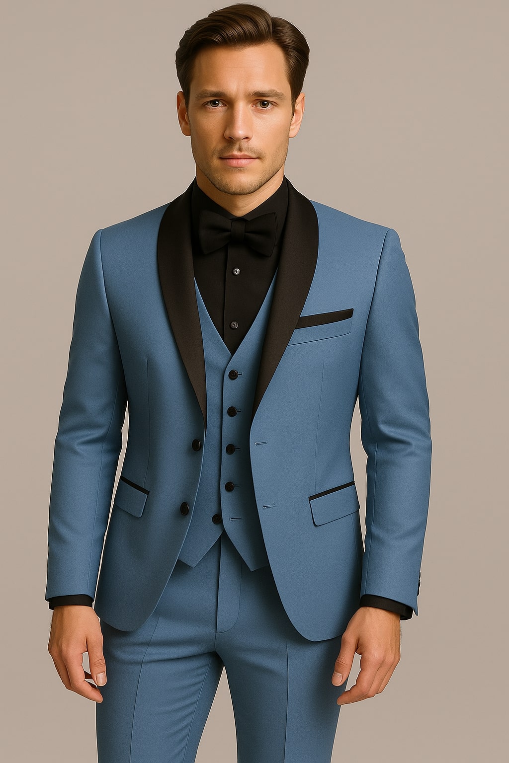 Men's Light Blue Tuxedo 3-Piece Suit with Black Shawl Lapel – Formal W