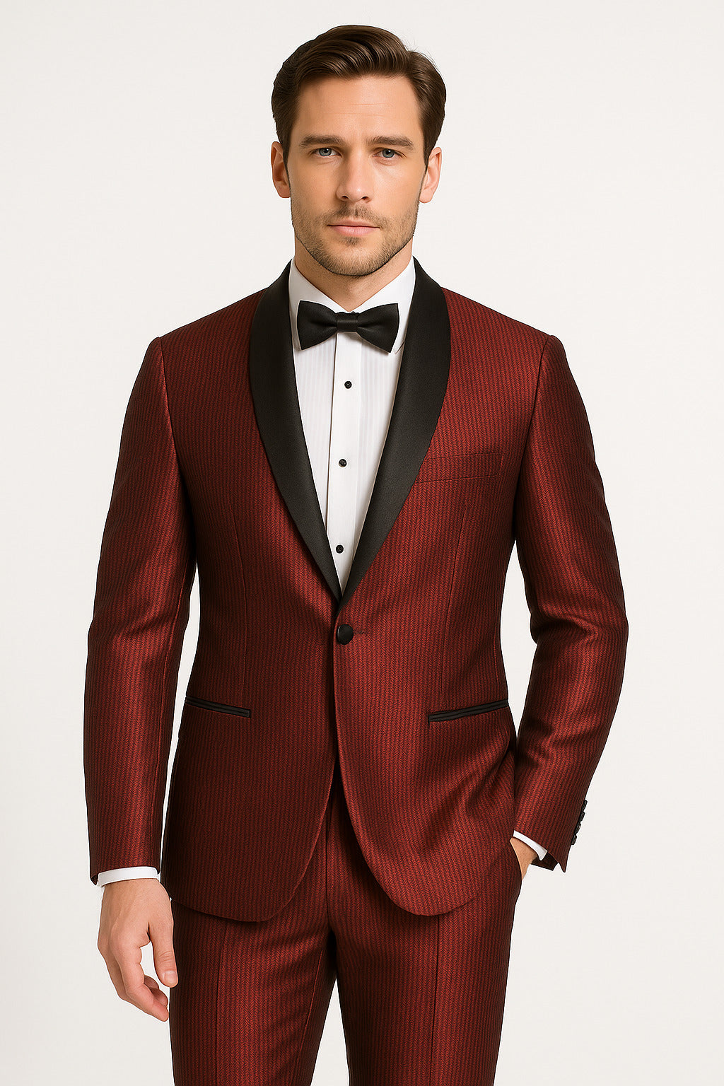 Men's Burgundy Shiny Tuxedo with Black Satin Shawl Lapel – Ultra Slim