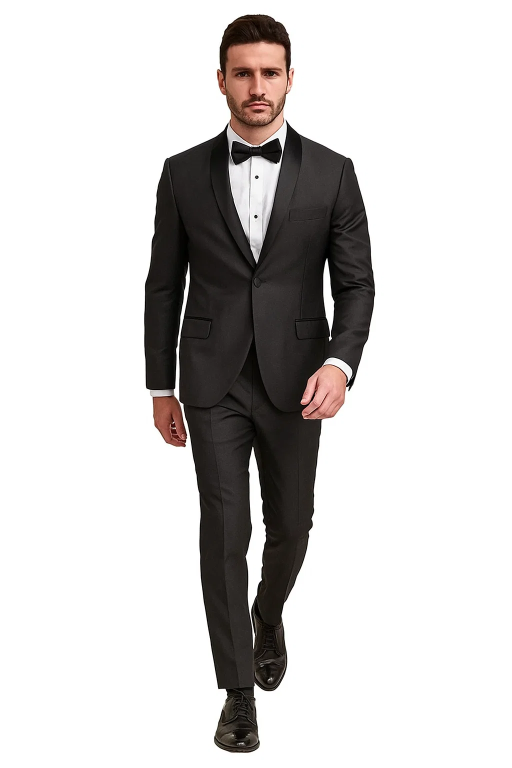 Men's Side Vents Charcoal Slim Fit Tuxedo with Black Shawl Lapel Slim