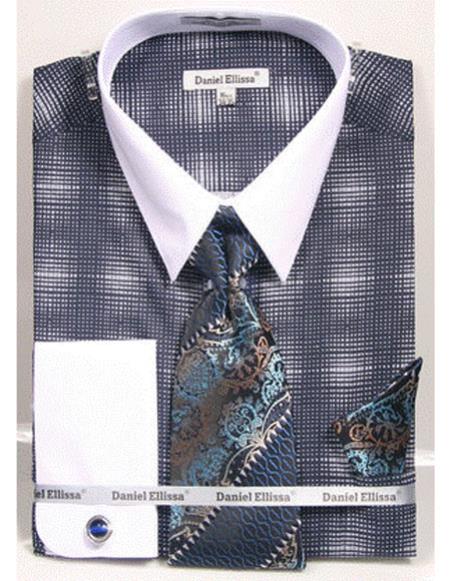white Collared French Cuffed navy woven design Shirt with Tie/Hanky/Cu