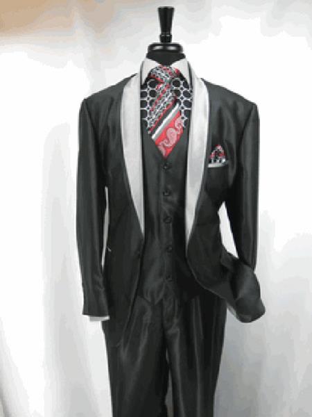 Men's 3 Button Two Toned Tuxedo Jacket and Vest Suit Jacket Grey, Blac