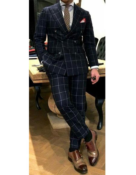 Mens Black and White Window Pane ~ Plaid Double Breasted Suits Suits