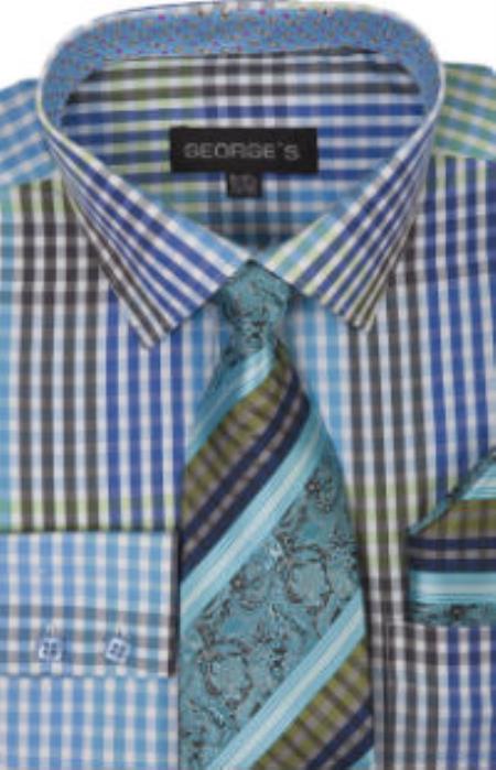 Mens Turquoise Dress Shirt Aqua Turquoise Checkered Shirt Tie and Hand