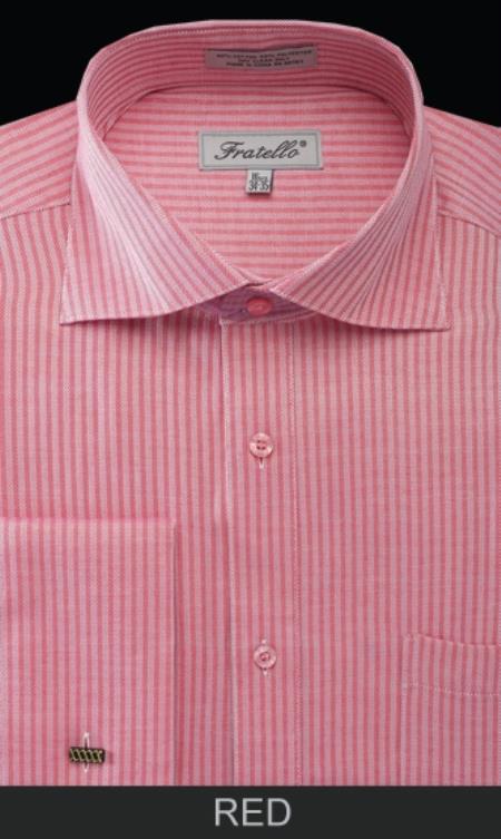 Men's Red French rounded Cuff Dress Shirt - Striped Dress Shirt - Mens