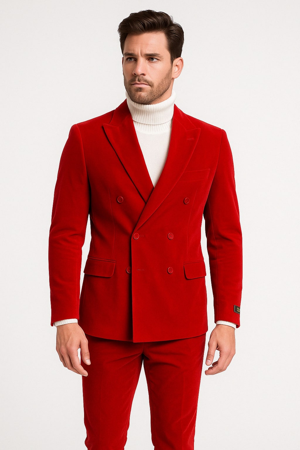 Mens Slim Fit Red Velvet Double Breasted Suit with Peak Lapel – Formal