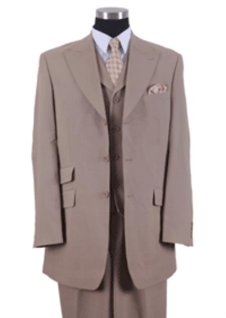 Mens Three Piece Suit - Vested Suit Mens Tan ~ Beige 3 Button Dress Ti