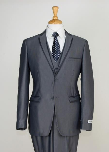 Men's 3 Piece Slim Cut Suit - Contrast Trim & Adjustable Waist Gray