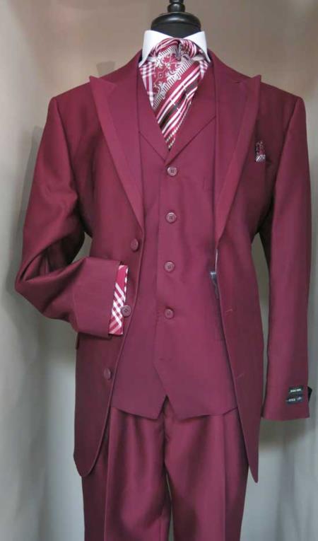 Mens Three Piece Suit - Vested Suit Mens Darker Burgundy ~ Wine ~ Maro