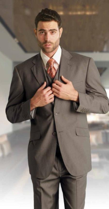 Mens Three Piece Suit - Vested Suit Mens Taupe Super 150s Extra Fine F