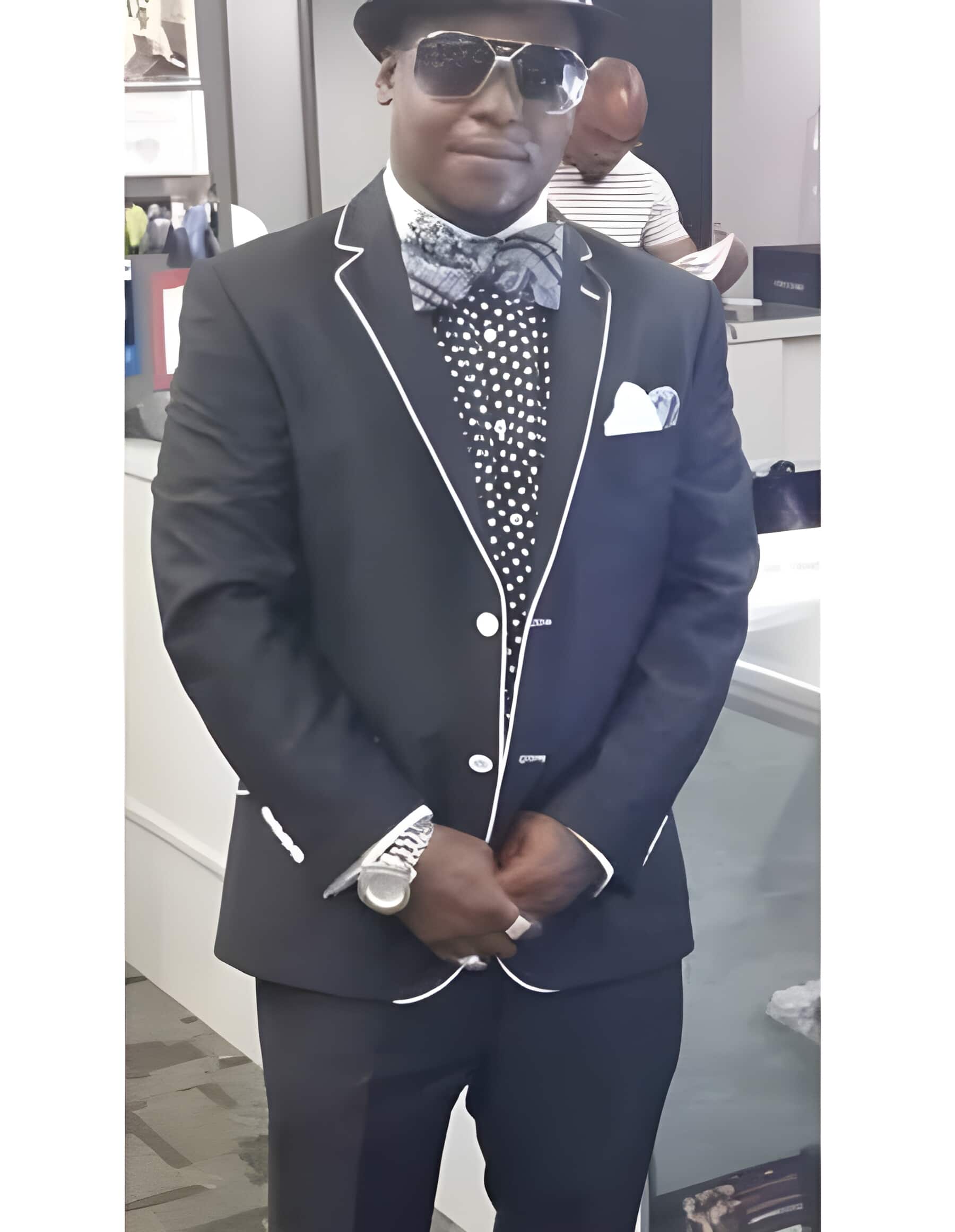 Black and White Trim Lapel Tuxedo Suit $199