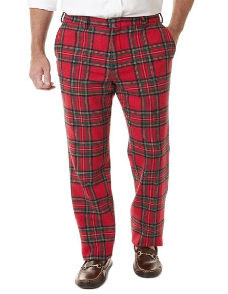 Men's Tartan ~ Plaid ~ Window Pane Pattern Red Pants Flat Front Cotton