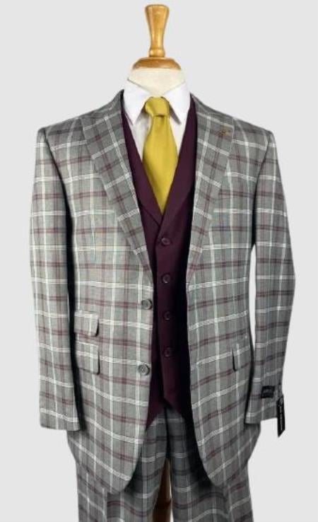 Plaid Suits - Peak Lapel 1920s Lapeled Vest Flat Front Pants Two Butto
