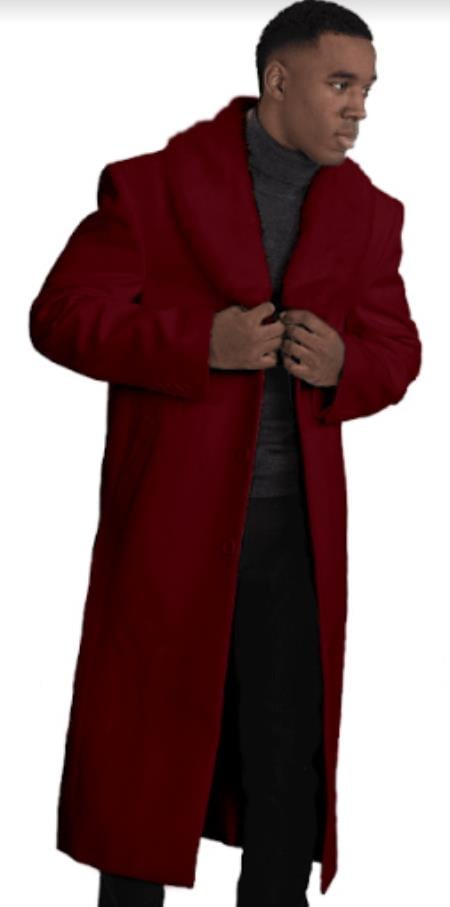 Mens Overcoat With Fur Collar - Burgundy Topcoat - Maroon Wool Fabric