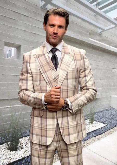 Athletic Suit - Tan Windowpane - Plaid Suit Modern Fit Side Vented Sup