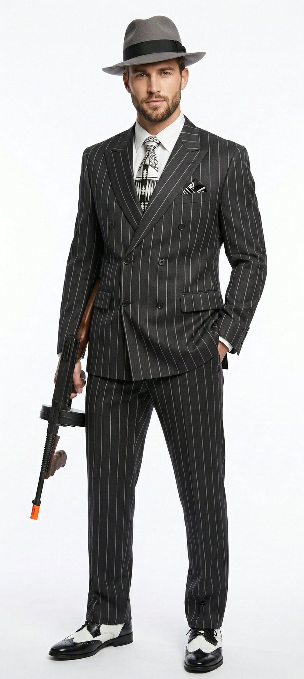 Mens Black Pinstripe AI Capone Suit – Vintage 1920s Gangster Style Thr